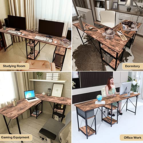 DLIUZ L Shaped Desk with Drawers,Computer Desk is Reversible Corner Large Gaming pc Table with USB Charging Port and Power Outlet,Long Writing Study Table with Shelve Suitable for 2 People Working