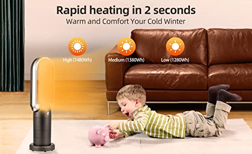 Bladeless Tower Fan & H13 HEPA Air Purifier & 1500W Space Heater 3in1, 120° Swing & 210° Tilt Head Table Fan, 29in. 35W Desk Fan with Remote, 9 Speeds 9H Timer Air Circulator for Home Office, G/S…