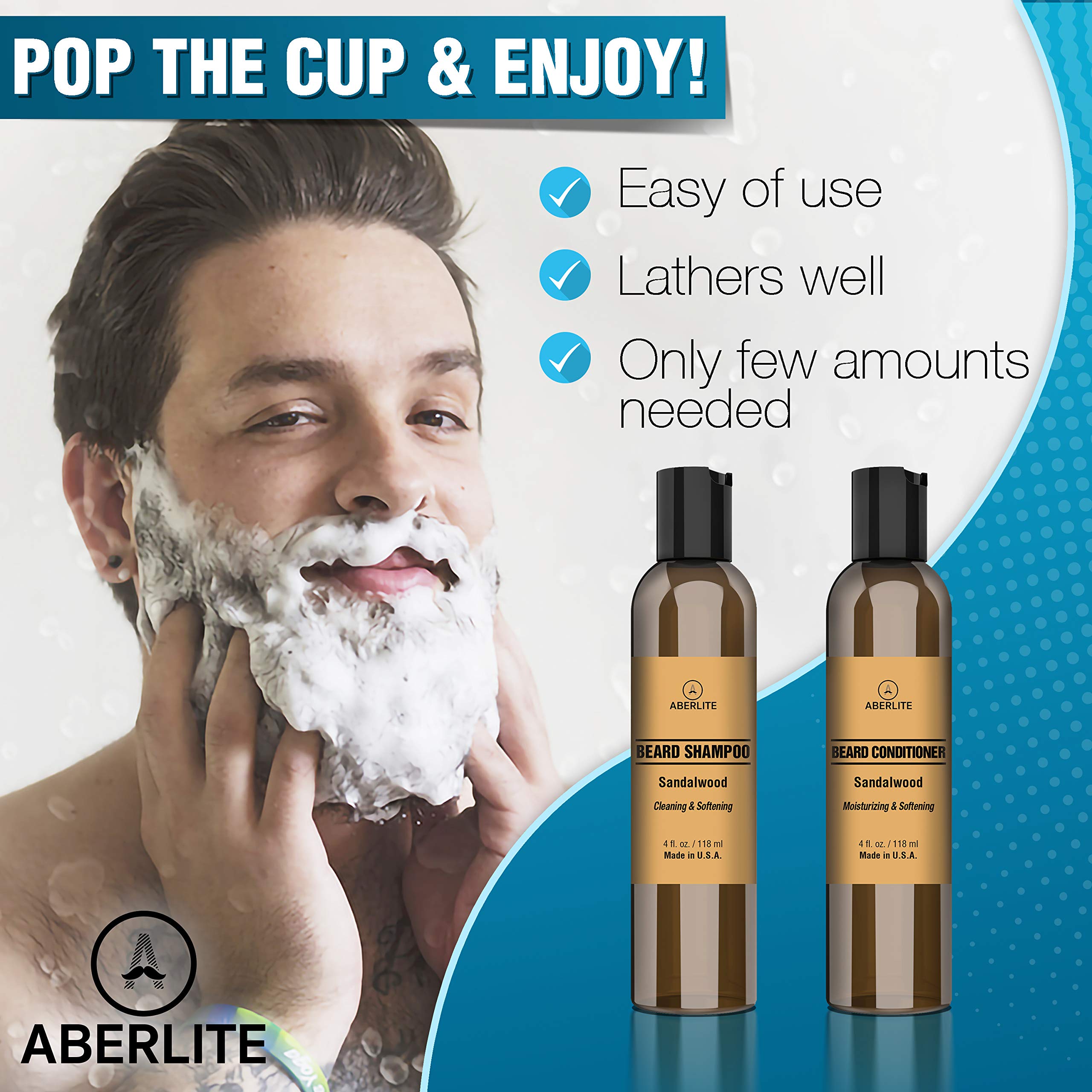 Aberlite Beard Wash Shampoo And Conditioner (Sandalwood) - 4Oz (Pack Of Two) Beard Care Kit For Men Beard Wash And Conditioner For Men