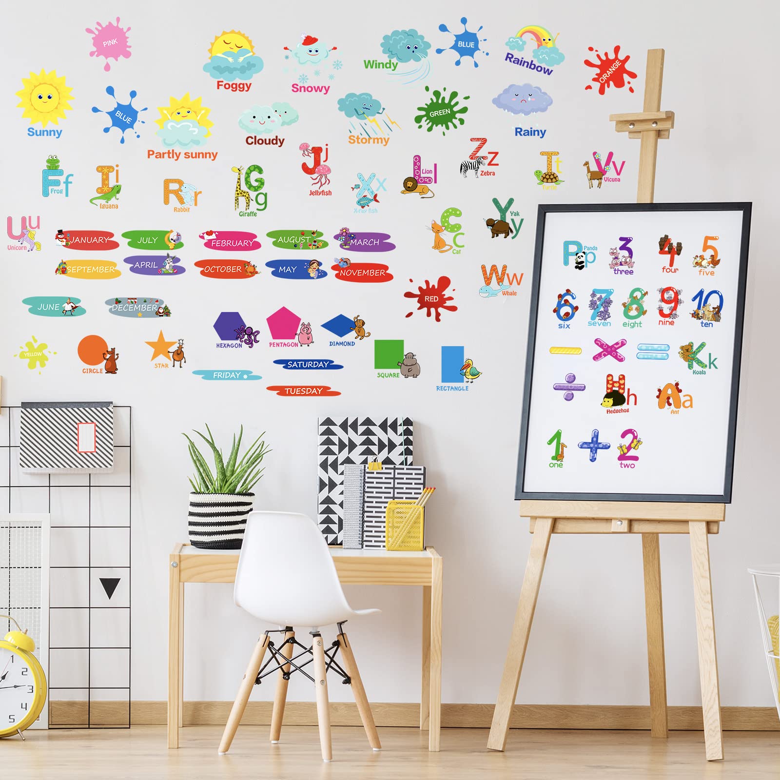 9 Sheets Kids Alphabet Wall Decals Educational Number Wall Stickers Decals Colorful ABC Animal Learning Wall Decals Peel and Stick Removable Stickers for Toddlers Classroom Nursery Bedroom