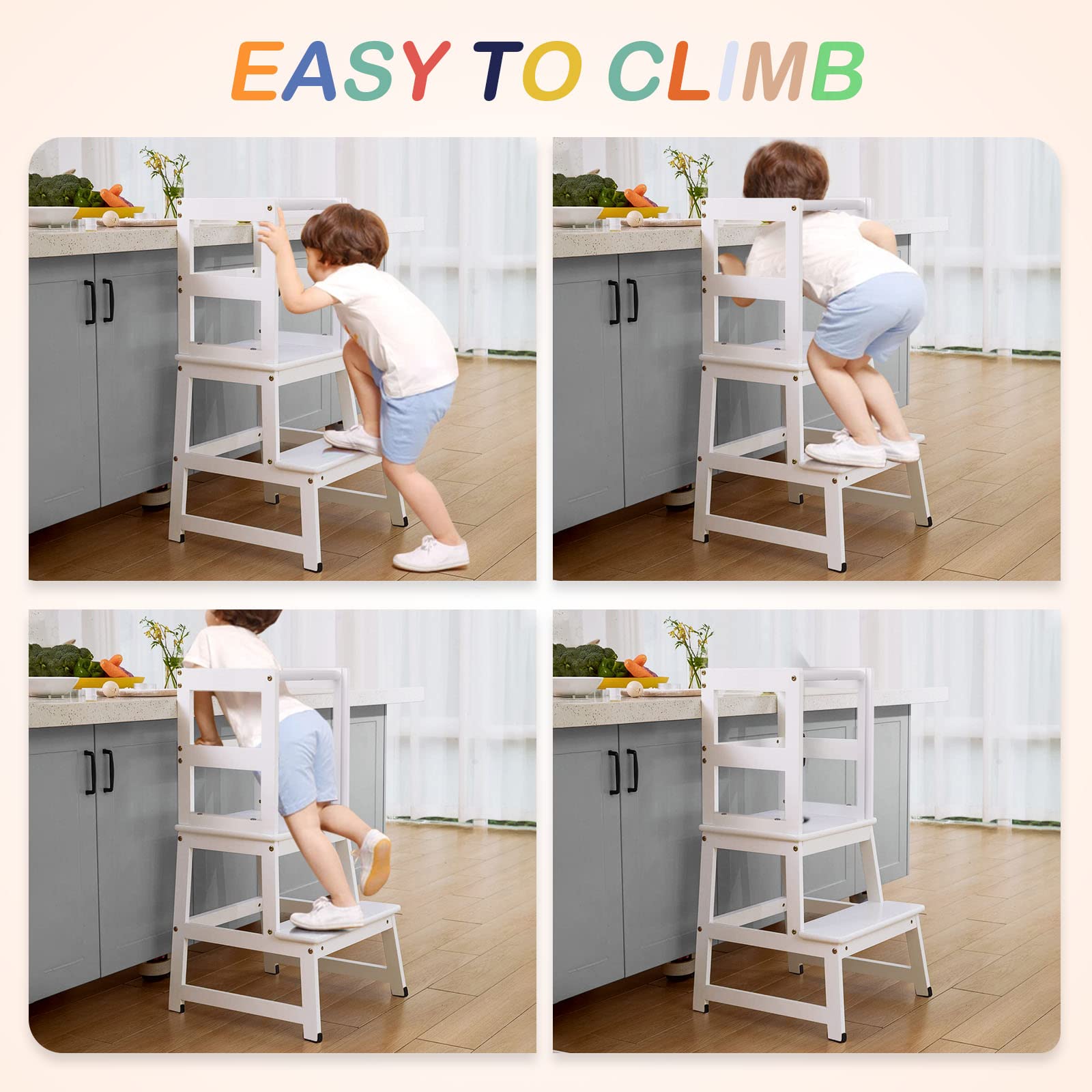 Kids Kitchen Step Stool with Chalkboard & Safety Rail for Toddlers 18 Months and Older, Safety Anti-Slip Protection, Removable Step Stool for Adult Use, White