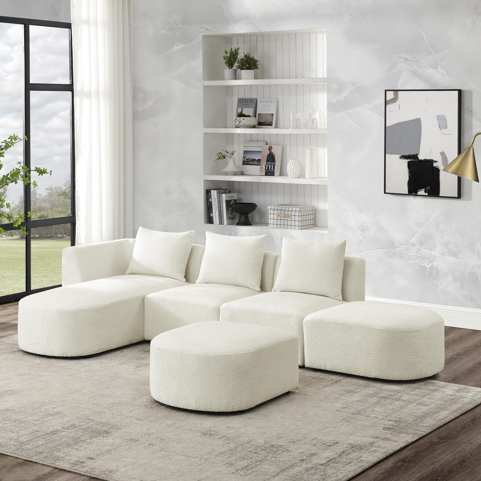 ACQCA 125" Modular Sectional Sofa, Modern Minimalist Style Couch with Pillows for Living Room, Salon, 2 PC Free Combination, Boucle Fabric, Light Brown