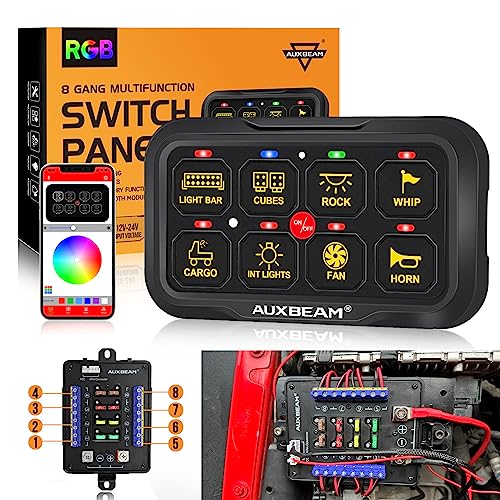 Auxbeam RGB Bluetooth 8 Gang Switch Panel AR-820 Toggle Momentary Pulsed Switch Pod for Truck UTV Offroad Boat with 47 inch Extension Wiring Harness