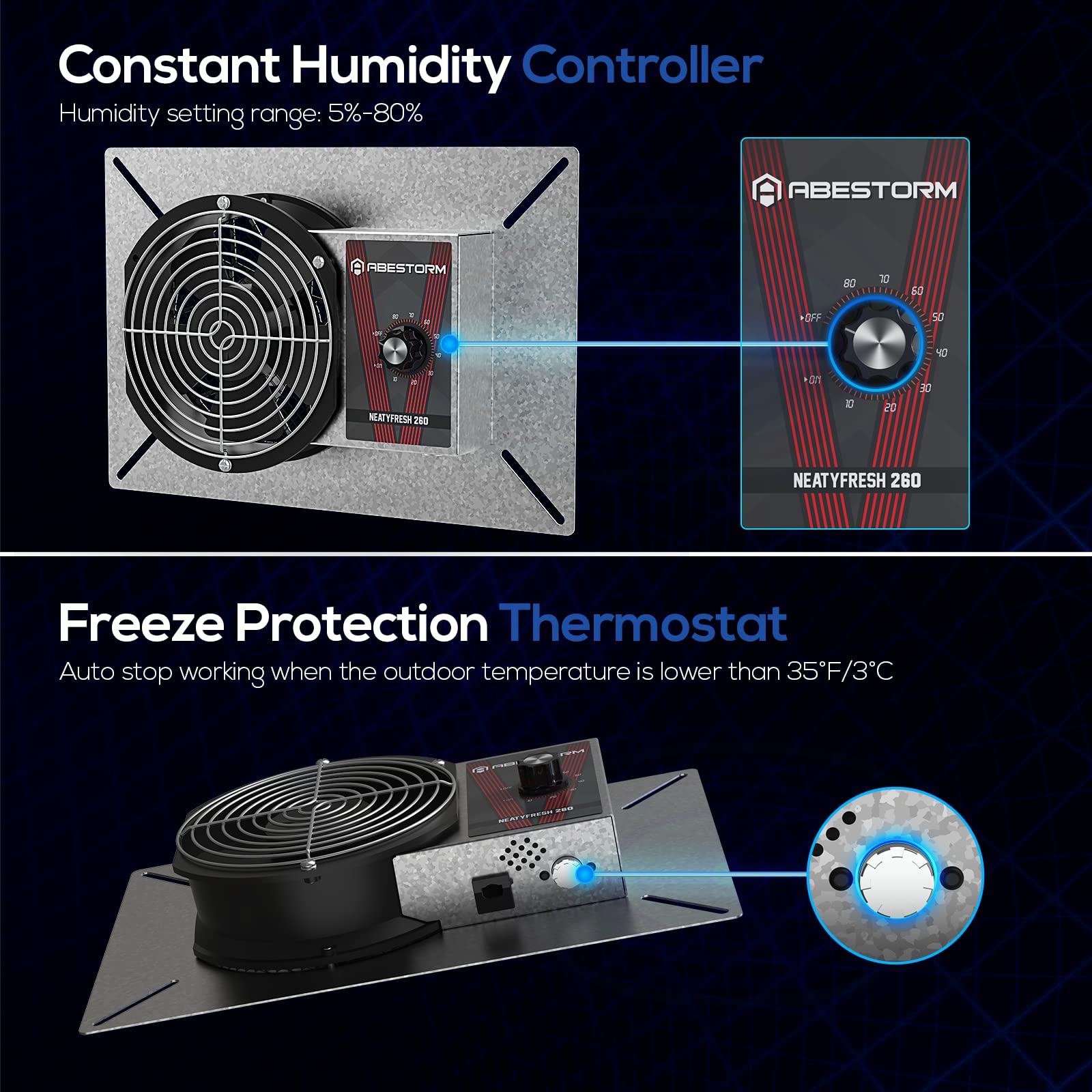 Abestorm 540CFM IP-55 Rated Crawlspace Ventilation Fan with Humidistat & Thermostat, 8.7inch Basement Vent Fans with Isolation Mesh, Ventilator Fan for Crawl Space Basement Garage Attic Grow Tent