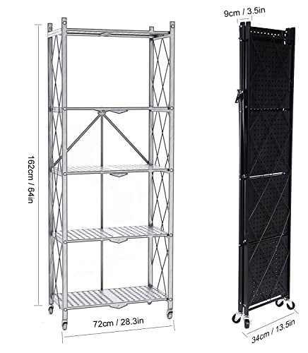 TIOPSUUO 5-Shelf Foldable Storage Shelf Unit on Wheels (No Assembly) Large Capacity Shelving Unit Steel for Kitchen, Garage, Basement, Pantry,Heavy Duty Steel Shelving Organizer Rack