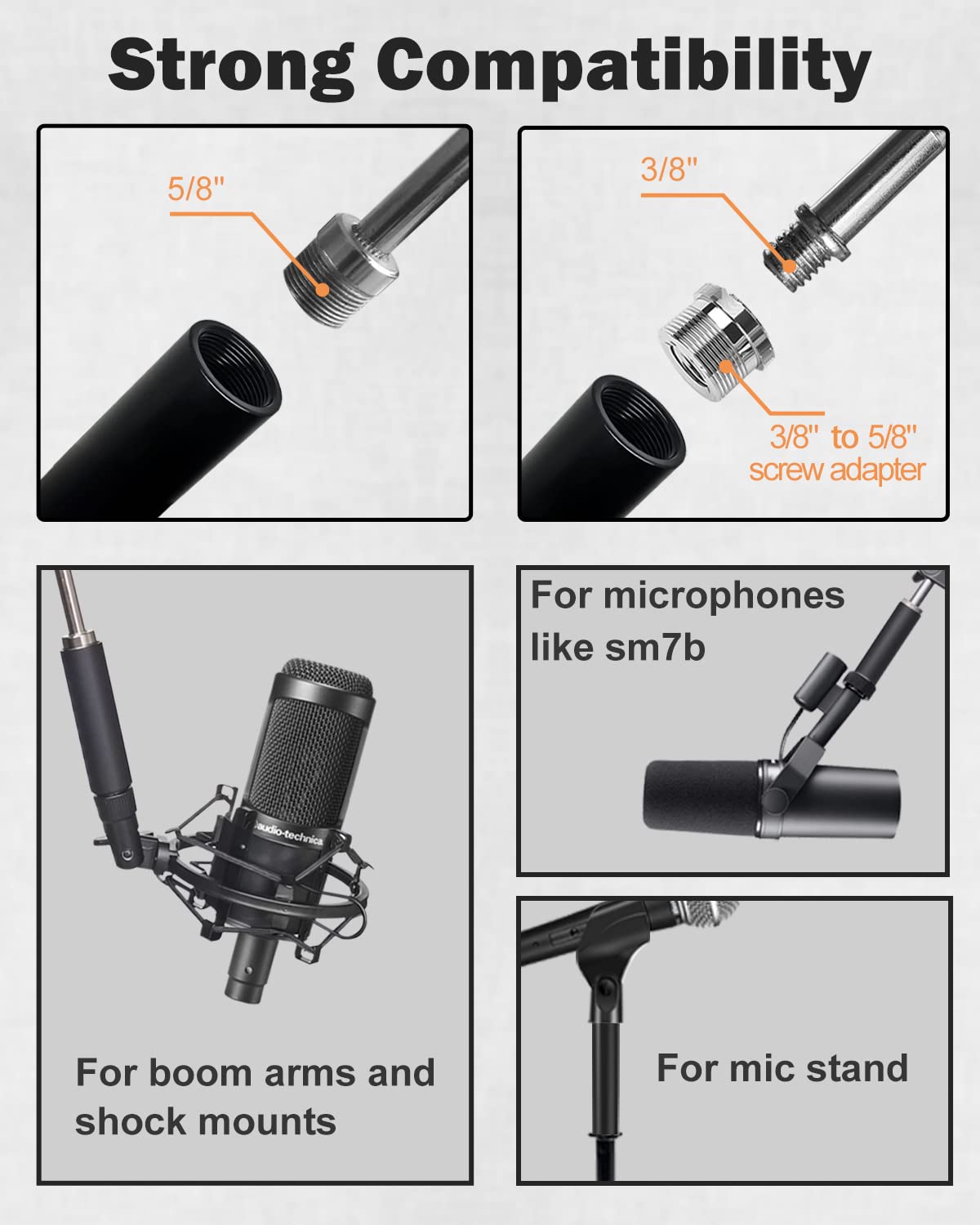 Boseen Mic Stand Extension Tube, 5/8" Female to 5/8" Male Microphone Extension Pipe Microphone Stand Extender with 2 Screw Aadpters for Desk Boom Arm Stands, 2Pcs