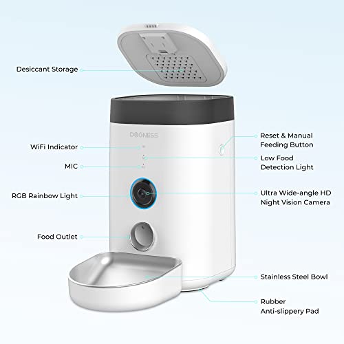 DOGNESS Automatic WiFi Dog/Cat Smart Camera Feeder - 6.5Lbs Large Capacity App Control Food Dispenser with WiFi, Portion Control, Voice Recording, Camera, Timer Programmable (4L White)