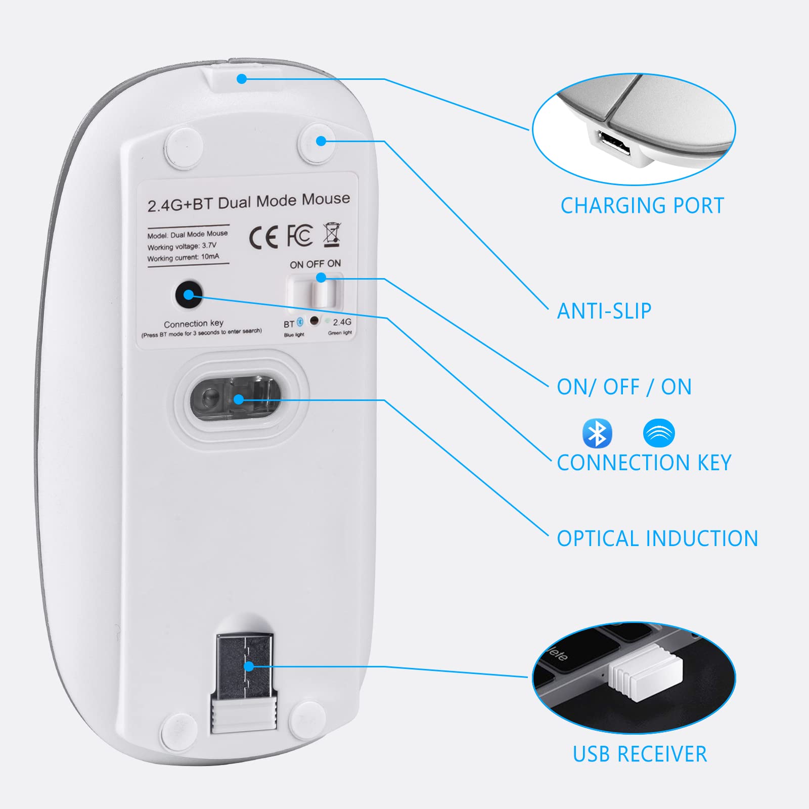 AE WISH ANEWISH Wireless Mouse Dual Mode(Bluetooth 4.0+USB) Rechargable Quiet Mice with USB Receiver Slim Bluetooth Mouse for Laptop/iPad/iPhone/Mac/Android PC,Silver