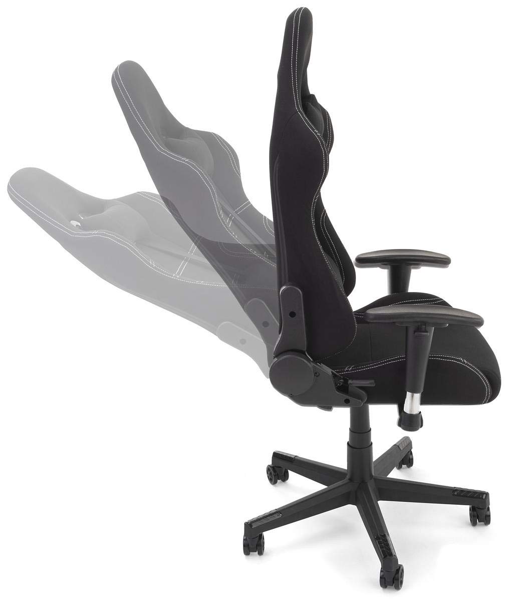 Displays2go Racing Style Gaming Chair for Office and Home Desk, Ergonomic Adjustments and Lumbar Support Pillow, Fabric Seat - Black (FDGAMECHGY)