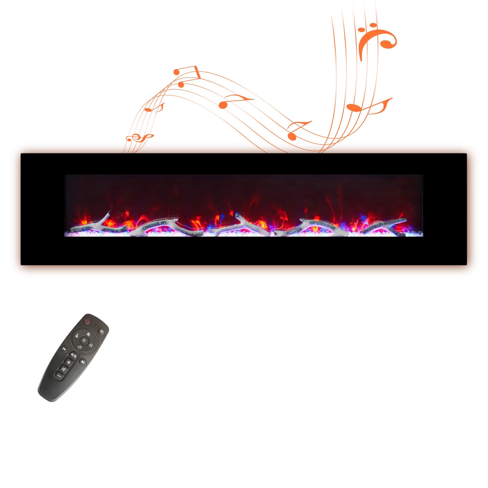 72in Electric Fireplace with Bluetooth Speakers Wall Mounted Linear Fireplace Heater Low Noise Adjustable 8 Flame Colors,8h Timer,Remote Control with Log & Crystal Hearth Options (No-Recessed)
