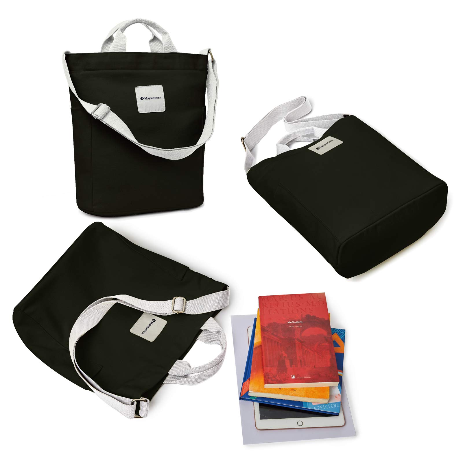 Canvas Tote Bag With Zipper And Pockets Casual Crossbody Planner Hobo Bags For Women, Black