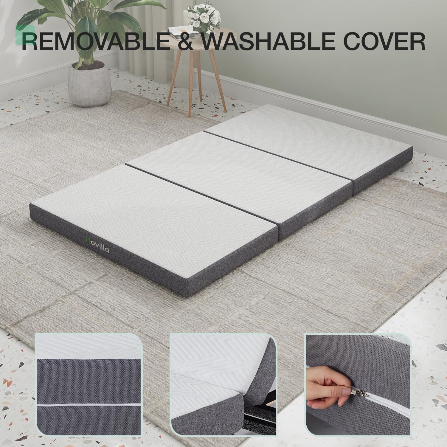 Novilla Folding Mattress Twin,4 Inch Memory Foam Tri Fold Mattress,Portable Mattress with Removable Cover for Yoga,Foldable Mattress,CertiPUR-US Certified,Twin Size