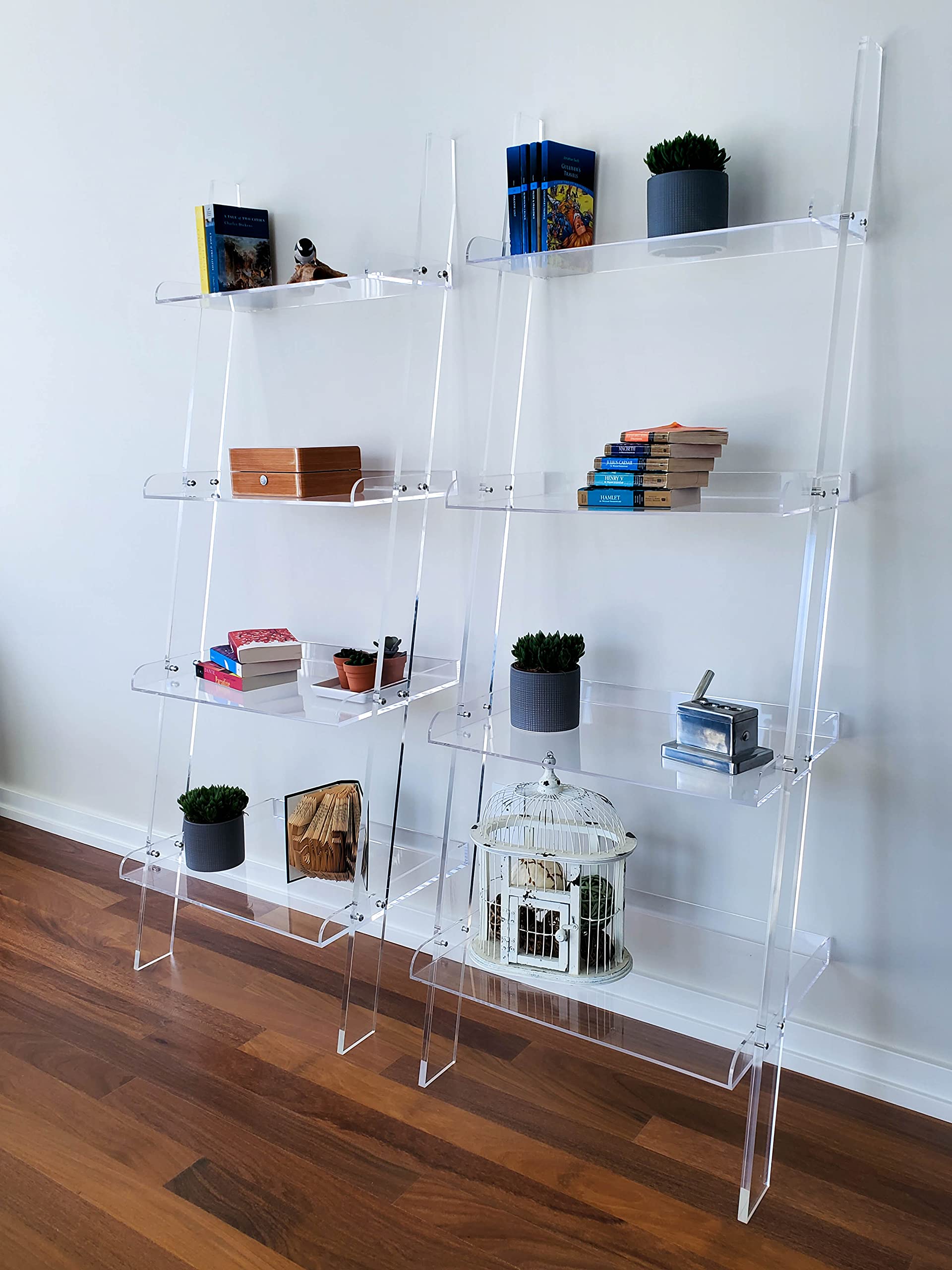 Acrylic Ladder Bookcase β Large Modern Clear Leaning Floating Wall Bookshelf - Standing Decor Display Unit for Open Shelving, Organizer, or Storage in the Living Room, Office, Bedroom, or Bathroom