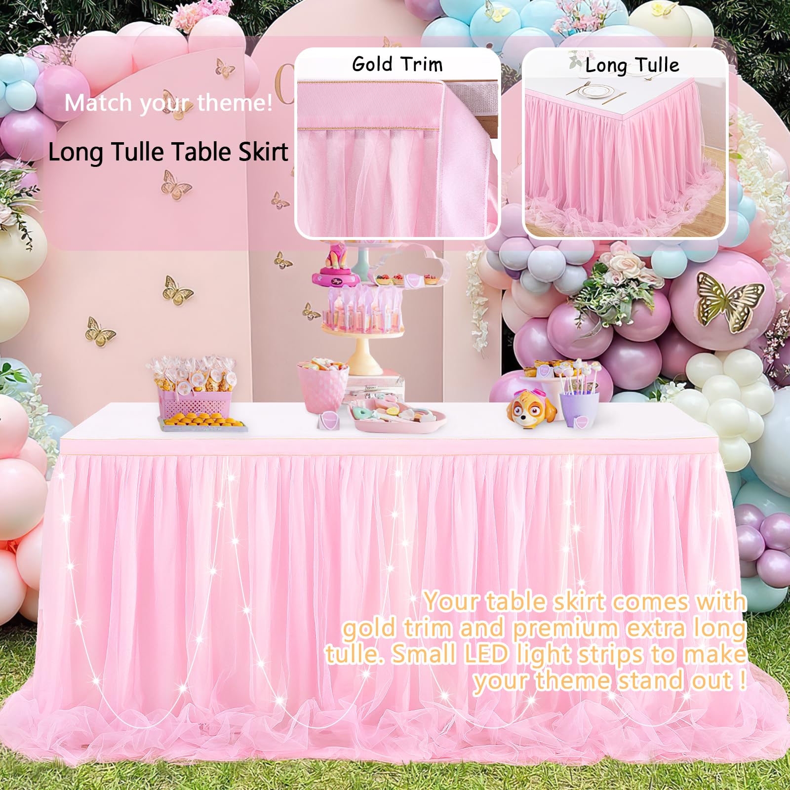 6ft Pink Tulle Table Skirt for Rectangle Tables or Round Tables with LED Lights Baby Shower Tablecloth Tutu Table Skirts for Princess Girl Birthday Party Cake Dessert Table Decorations