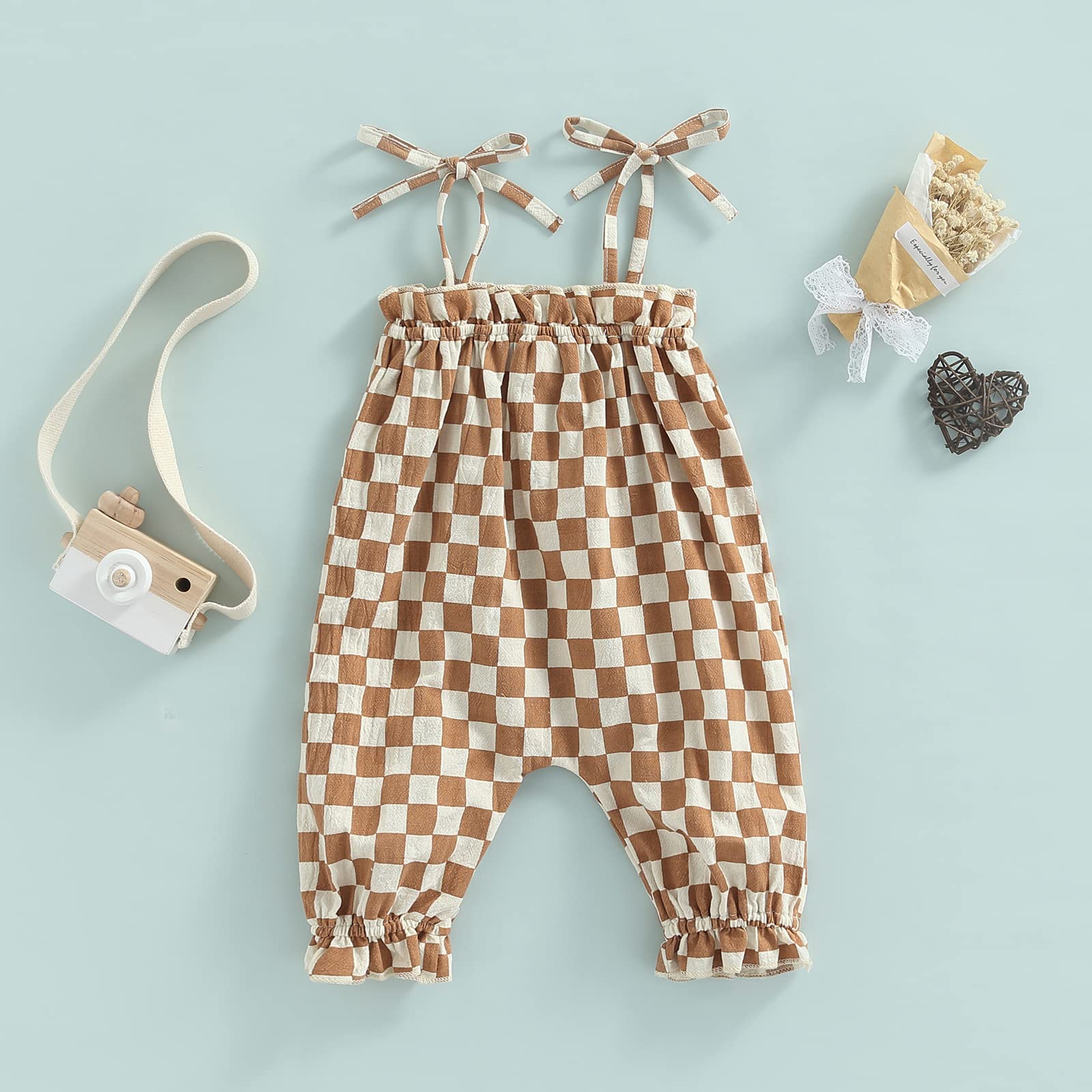 AEEMCEM Newborn Baby Girls Checkerboard Plaid Jumpsuit One Piece Sleeveless Strap Romper Jumpsuit Harem Pant Summer Outfits (Brown, 0-6 Months)