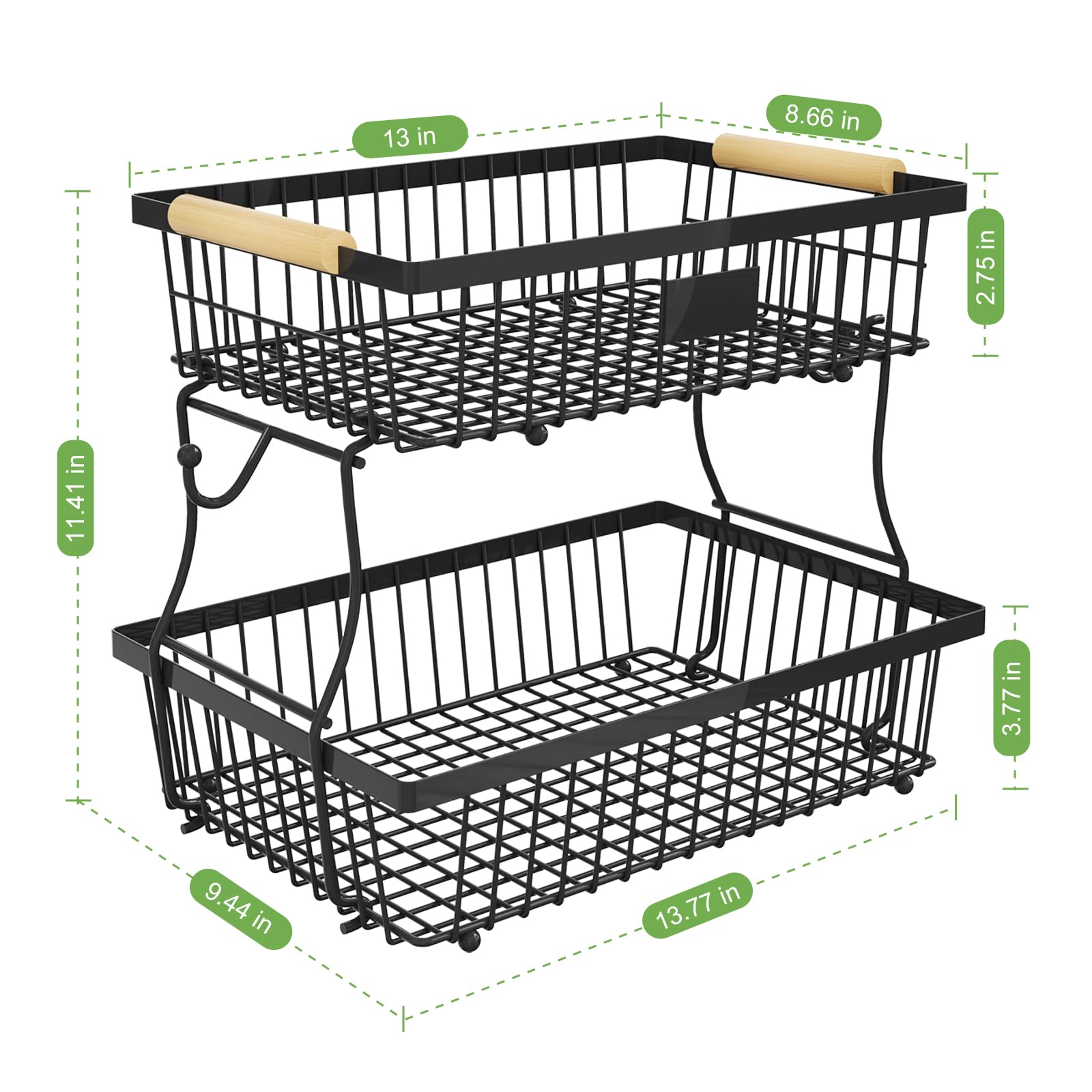 Astrorhine 2 Tier Fruit Basket for Kitchen with 2 Banana Hangers, Detachable Metal Wire Fruit Bowl for Kitchen Counter, Large Capacity Fruit Vegetables Storage Stand Holder for Snack Fruit Veggies