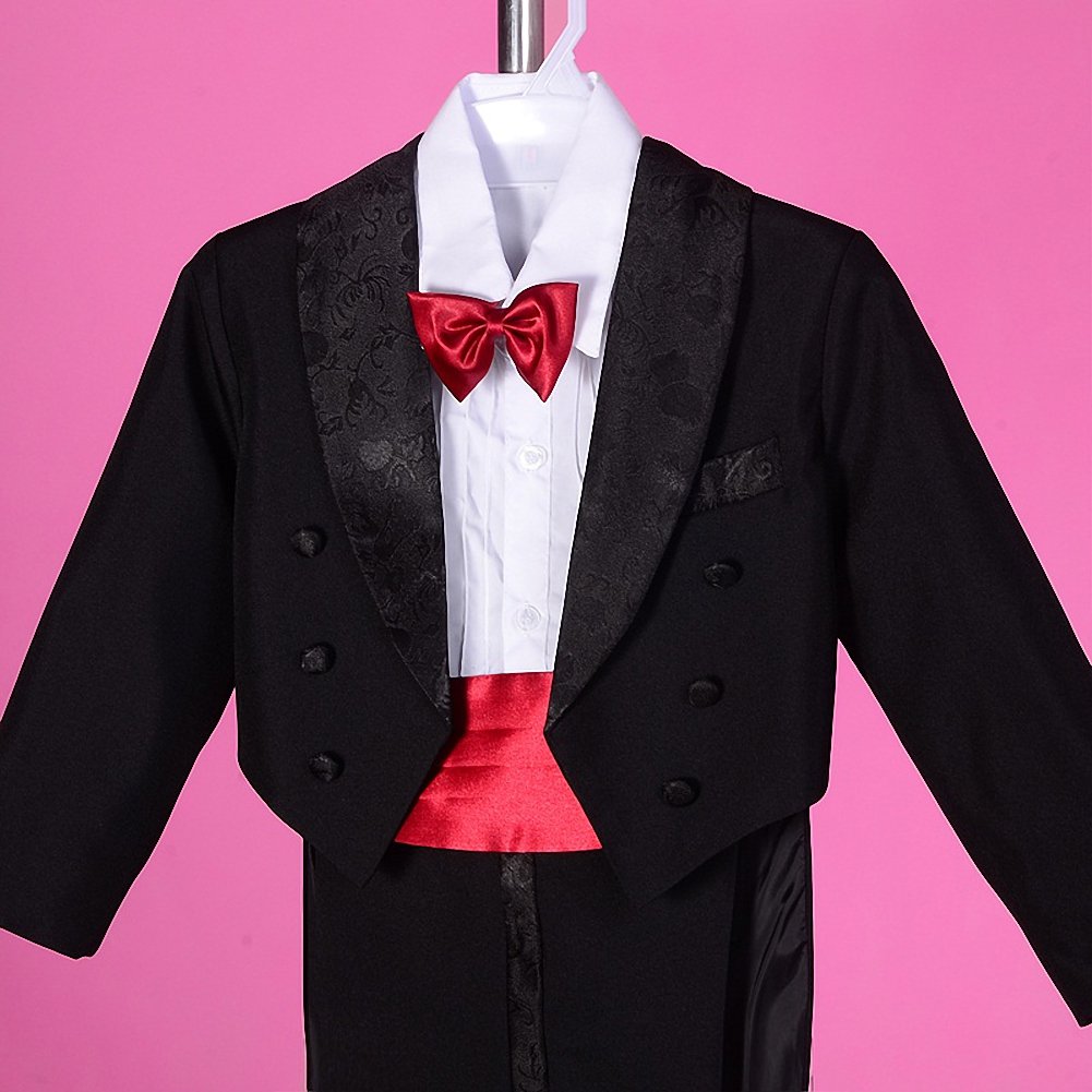 Dressy Daisy Baby Boy Tuxedo Black Suit 5 Pieces Set Formal Wear Wedding Outfit Size 18-24 Months, with Red Cummerbund