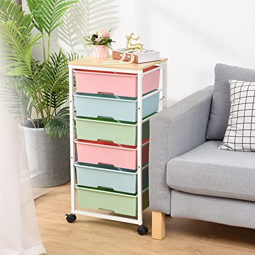 TOOLF Rolling Storage Cart with 6 Drawers, Wooden Tabletop, Easy Movement, Large Capacity, Durable Construction & Colorful Style in White Bar