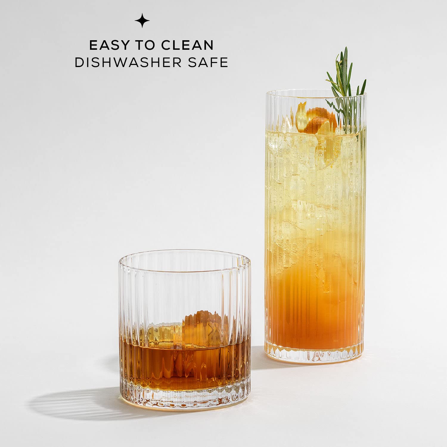 JoyJolt 16oz Fluted Highball Glasses - 2 Ribbed Tall Cocktail Tumblers for Gin, Juice, Water
