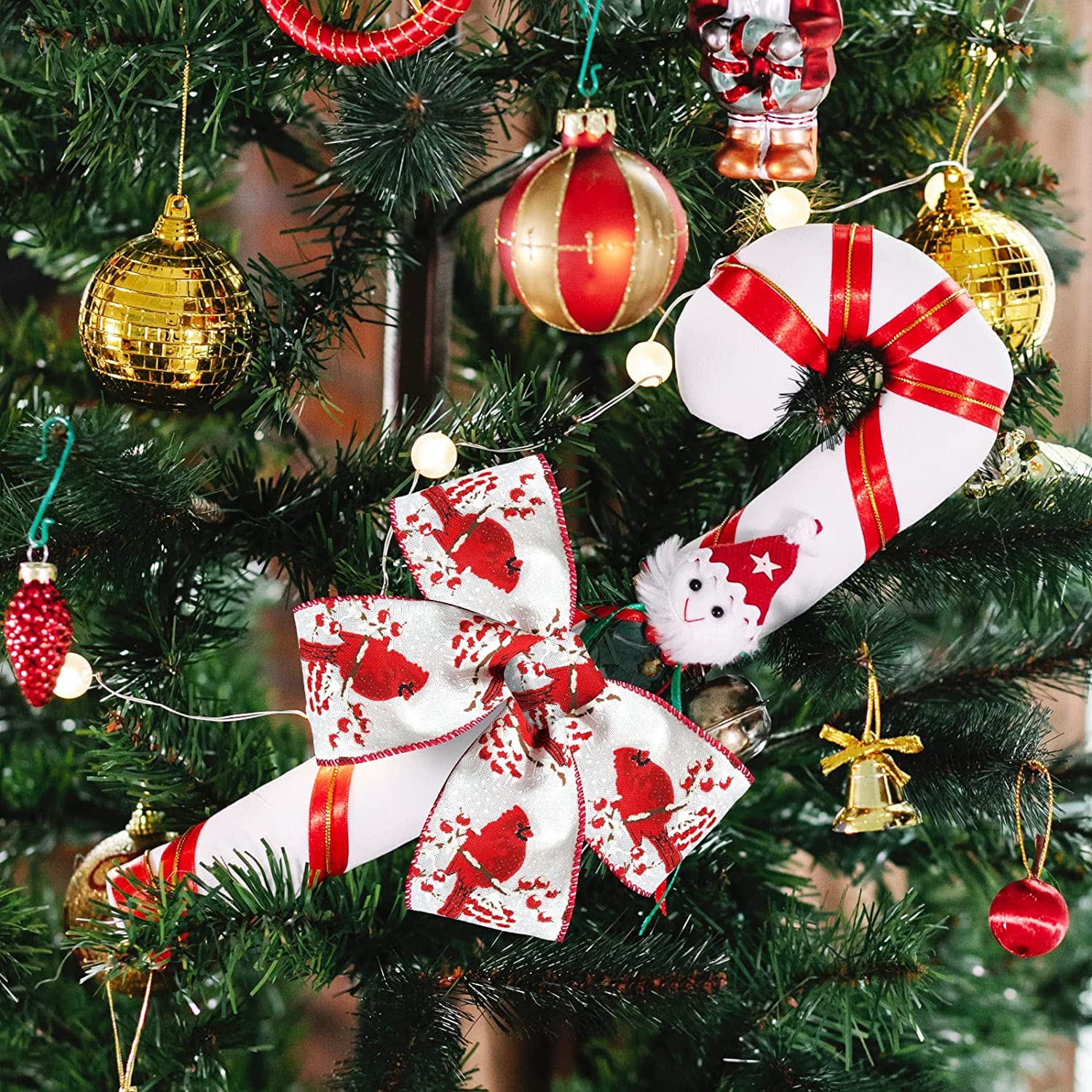 ACSENCETER Red Cardinal with Berry White Patterned Wired Ribbon for Christmas Tree Decorations, Gift Wrapping, Wedding Parties, Garlands and DIY Crafts 2.5" x 10 Yards Christmas Ribbon