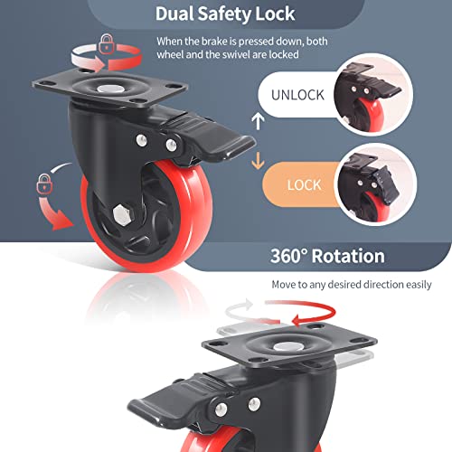 Casters,4 Inch Caster Wheels, Casters Set of 4 Heavy Duty,Red Polyurethane Castors, Safety Dual Locking casters with Brake, Swivel Wheels Industrial Casters for Furniture and Workbench