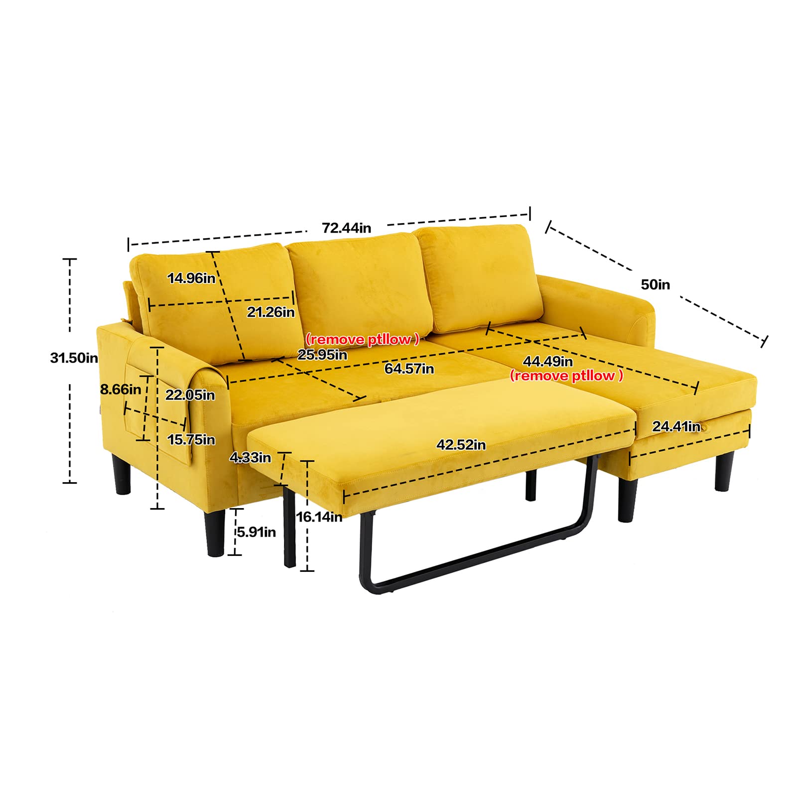 Modern Velvet Pull Out Sleeper Sofa Bed with Chaise, Comfy L Shaped Convertible Sleeper Couch with Storage and Pocket, Sectional 3 Seat Couch for Living Room Furniture or Office, Smooth Back - Yellow