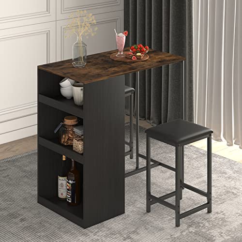 BALUS 3-Piece Dining Table Set for 2 with 3 Storage Shelves, Counter Height Dining Table Set with 2 Barstools for Kitchen, 35.4 Inch Bar Table and Chairs Set, Sturdy Metal Frame, Thicken Wood Top