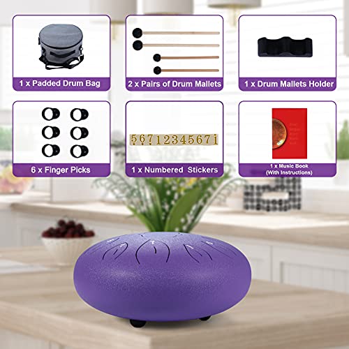 Ranch Steel Tongue Drum 12 Inches 11 Notes Handpan Drum C Key Percussion Instrument Hand Drum for Beginners Easy to Learn Tank Drum with Bag, Mallets, Music Book, Note Stickers, Finger Picks
