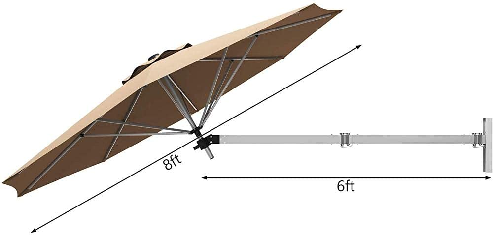 8 FT Wall Mounted Patio Umbrella Outdoor Wall Umbrella with Adjustable Pole Tilting Sunshade Umbrella with Wind Vent