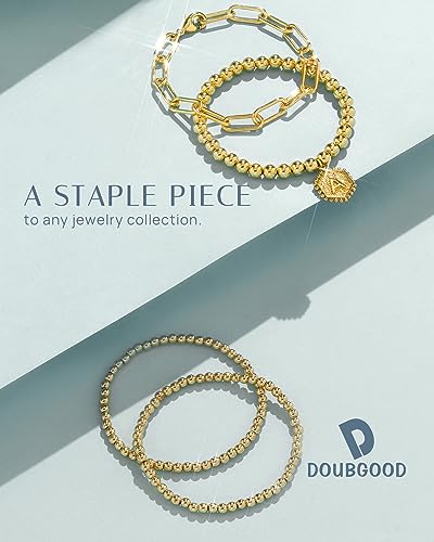 doubgood Gold Beaded Bracelets for Women, Stackable Gold Bracelets for Women Men 14K Real Gold Plated Stretch Bead Ball Bracelet with Letter Pendant E