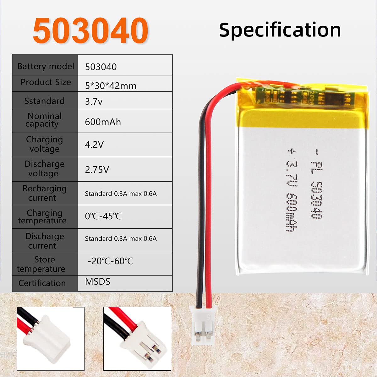 YDL 3.7V 600mAh 503040 Lipo battery Rechargeable Lithium Polymer ion Battery Pack with PH2.0mm JST Connector
