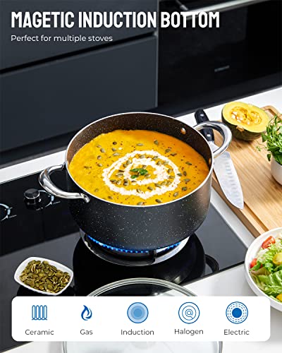 BEZIA Cooking Pot with Lid, 6 Quart Nonstick Stock Pot/Stockpot with Lid, Non Stick 6 QT Large Capacity Induction Pot for Soup, Broth, Chili, Stew - All Stove Compatible