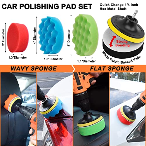Aucurwen Buffing Polishing Pads, 26Pcs 3" 4" 5" Car Detailing Kit, Car Foam Drill Polishing Pad Kit, Drill Brush Attachment, Car Polisher and Buffer for Detailing, Body Repair, Drill