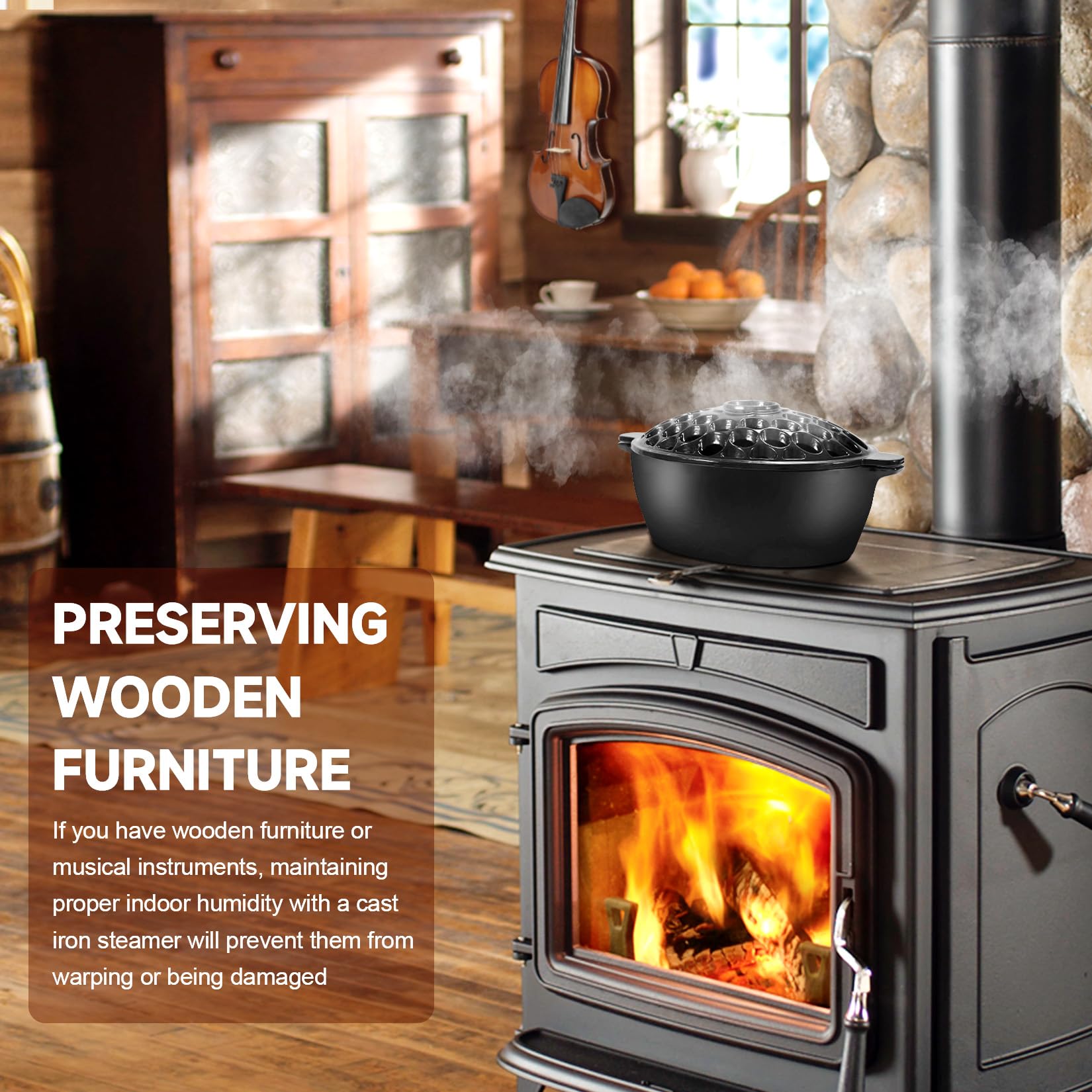 KIAADSY Wood Stove Steamer Rust-Proof, Fireplace Humidifier Pot, Round Hole Lid Cast Iron Steamer for Home Interior Humidification/Decoration, 2.3 Quart Capacity Enamel Black.