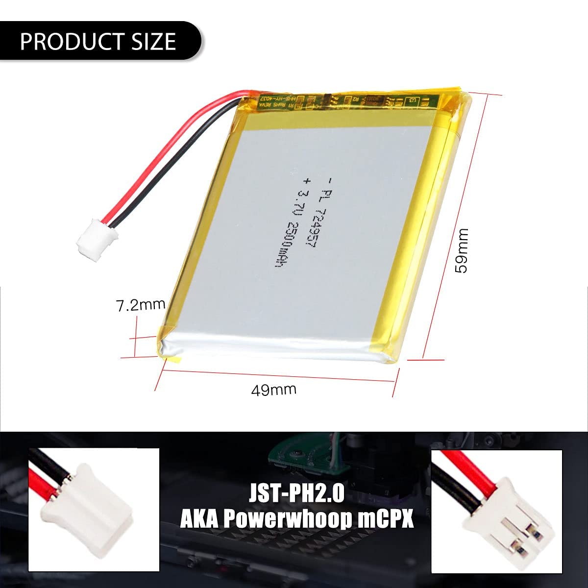 YDL 3.7V 2500mAh 724957 Lipo battery Rechargeable Lithium Polymer ion Battery Pack with PH2.0mm JST Connector