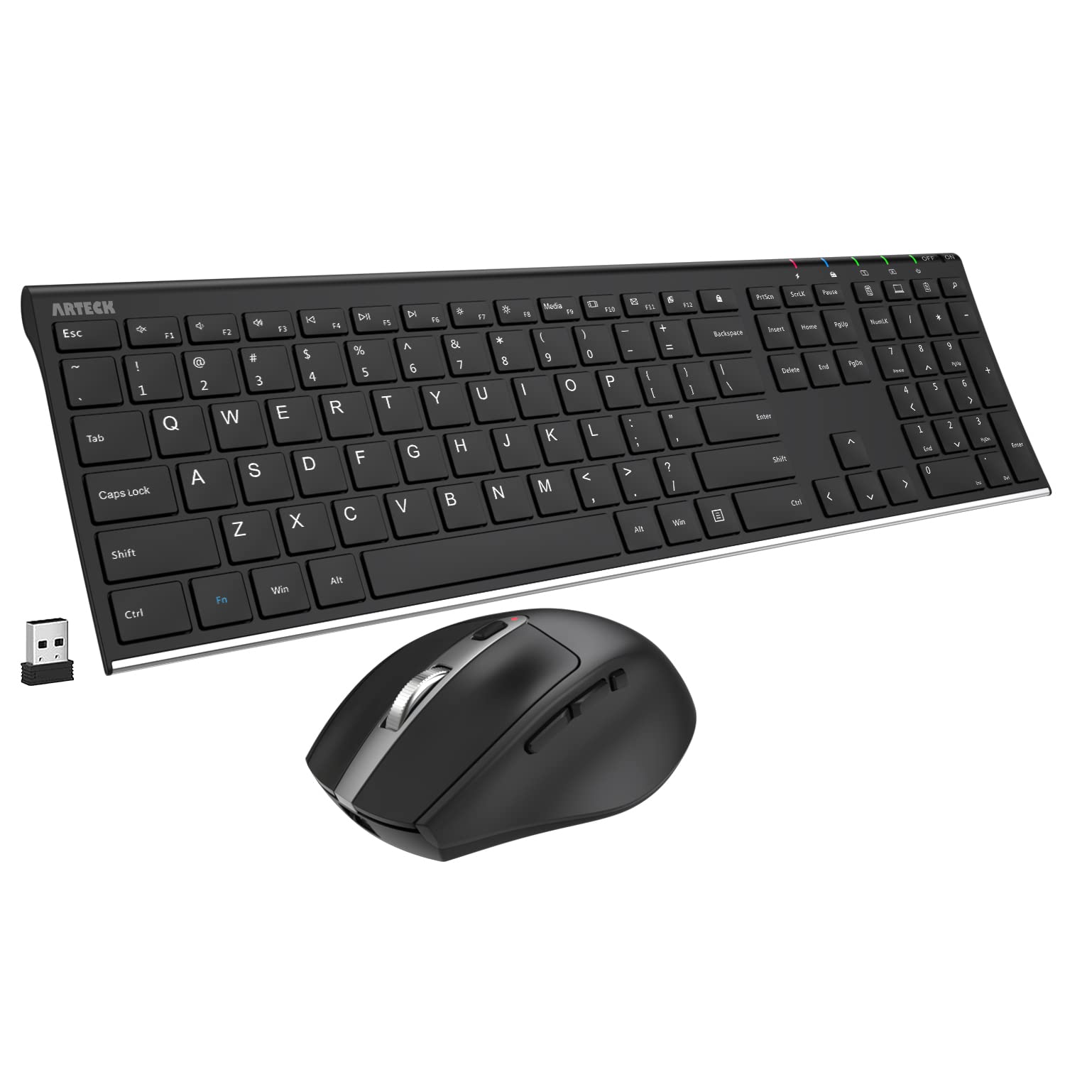 Arteck 2.4G Wireless Keyboard and Mouse Combo Stainless Steel Ultra Slim Full Size Keyboard Keyboard and Ergonomic Mice for Computer Desktop PC Laptop and Windows 10/8/7 Build in Rechargeable Battery