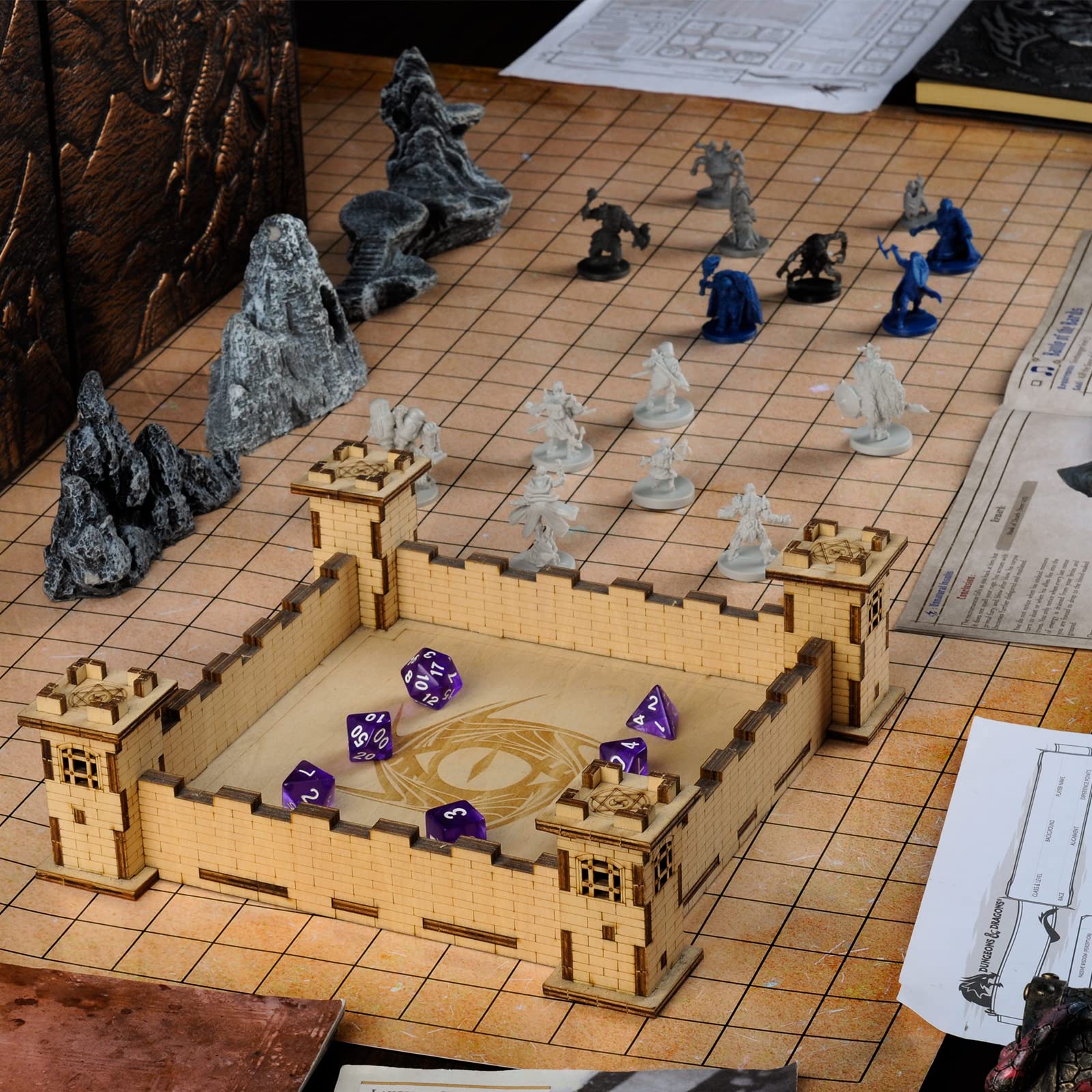 DIY Wood Square Dice Holder Cool 3D Castle Design Carved Dragon Eye - Easy Rolling Dice Tray for DND, RPG and Board Game
