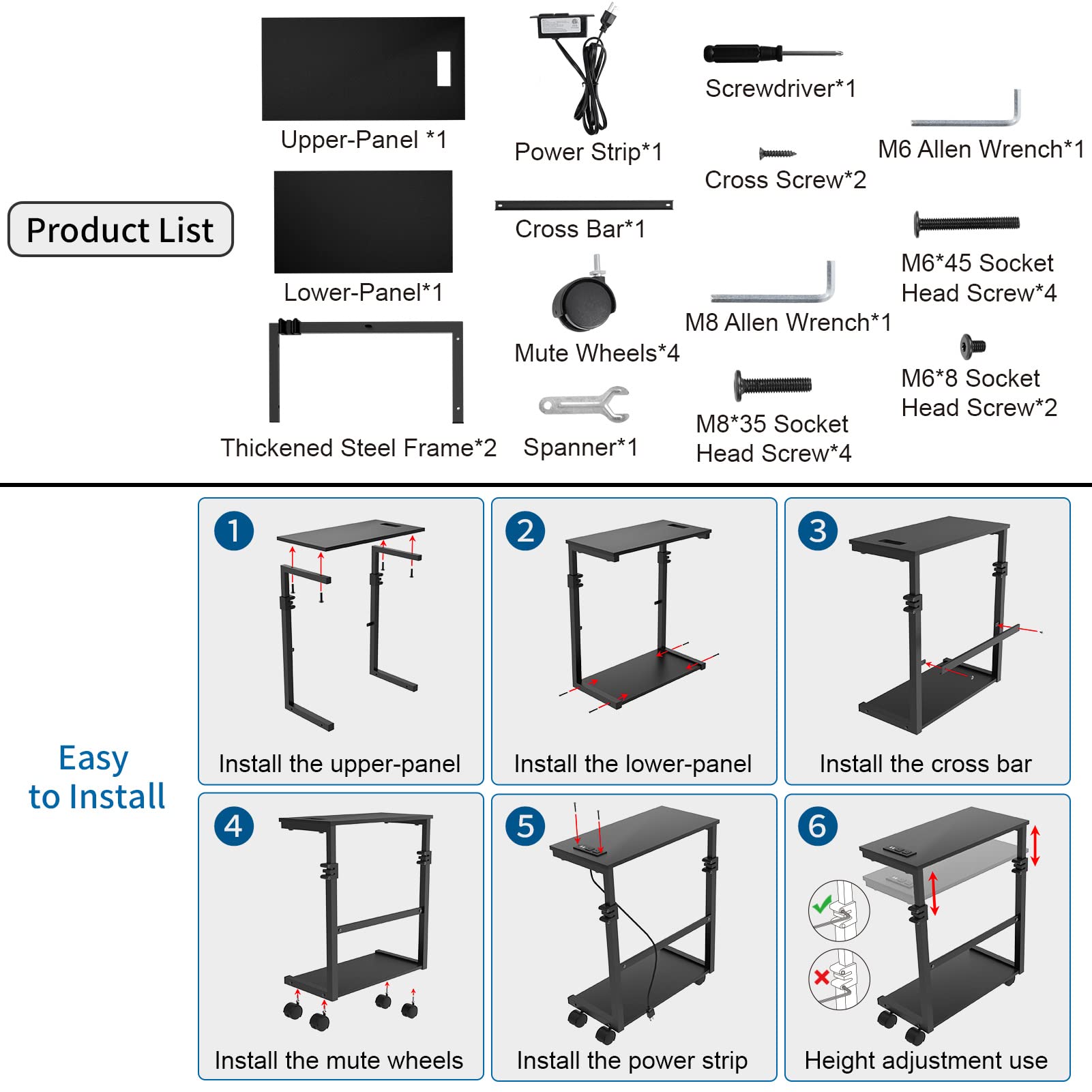 AQQEF Computer Tower Stand Stepless Height Adjustable Computer Tower Cart and PC Stand with Socket and USB Charging Port, Under Desk CPU Stand - 2 Tier