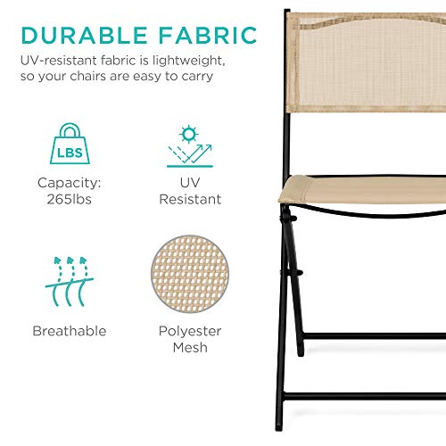 Best Choice Products 3-Piece Patio Bistro Dining Furniture Set w/Textured Glass Tabletop, 2 Folding Chairs, Steel Frame, Polyester Fabric - Beige