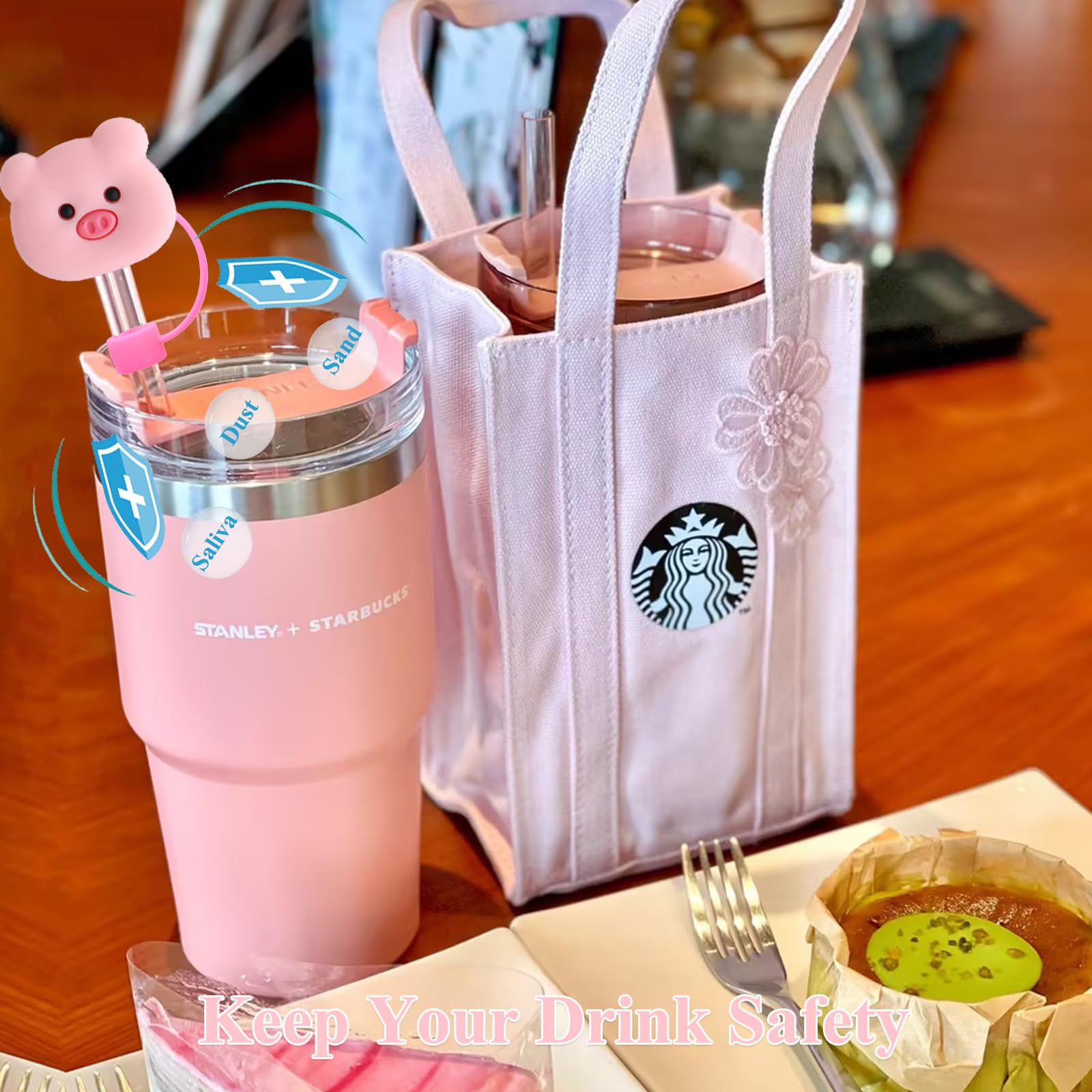 Amreich Cute Pig Straw Cover Cap for Stanley Cup, 4 PCs Pink Straw Toppers Dust-proof Silicone Straw Cover for Water Bottle 30 40 Oz Tumblers Accessories for Home Office Use