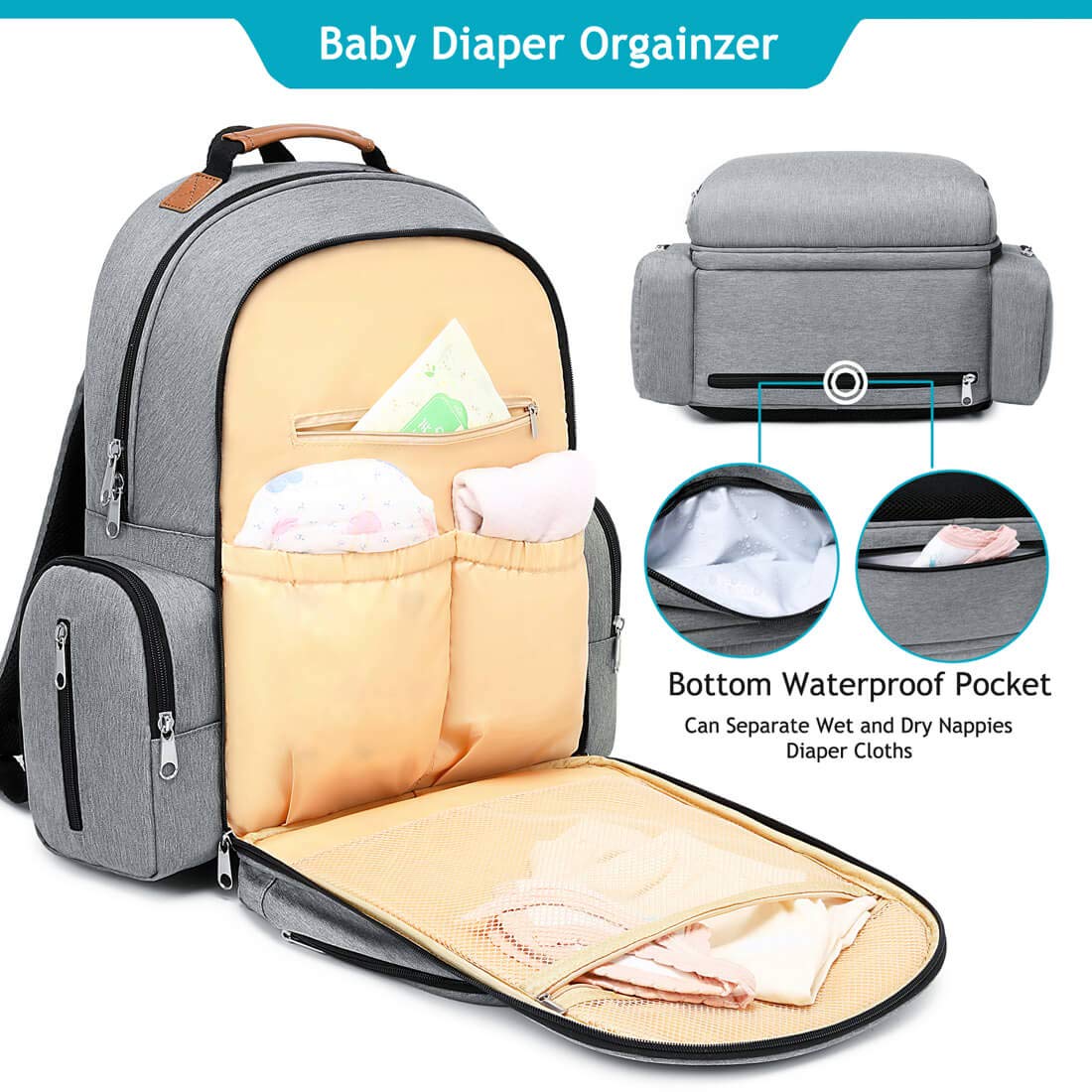 Abonnyc Diaper Bag Backpack Waterproof Diaper Backpack Nappy Tote Bags Large Capacity Fit Stroller,Unisex and Stylish,Gray
