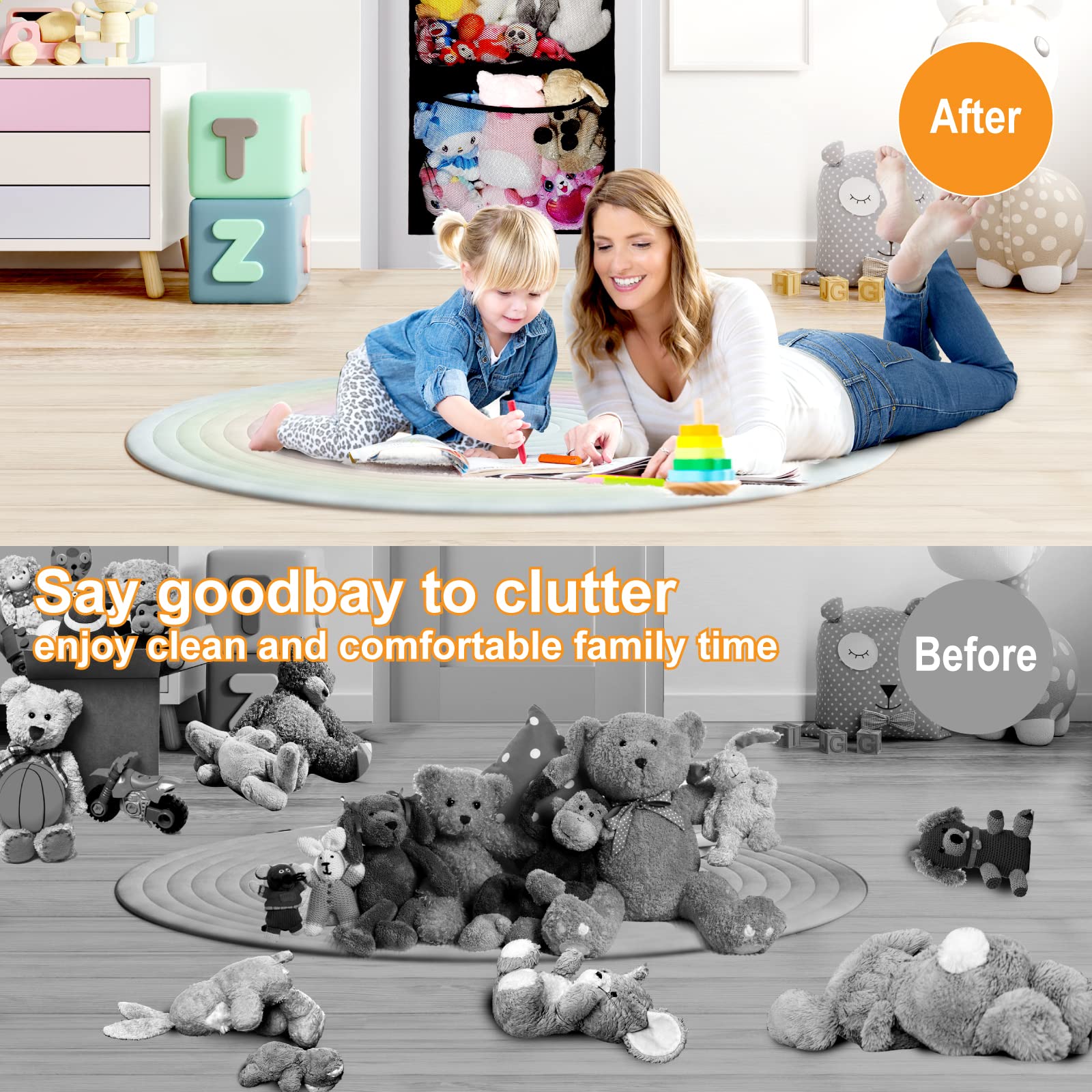 Adgoaler Over Door Stuffed Animal Storage, Stuff Animals Toy Organizer with 4 Large Pockets, Hanging Toy Plush Storage for Nursery, Bedroom, Easy Installation and Take (Black)