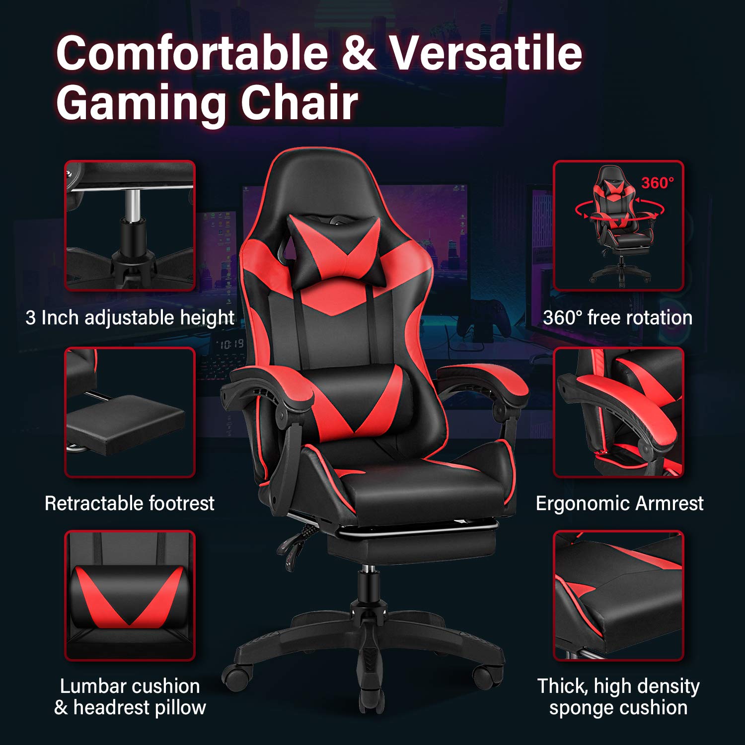 Gaming Chair,Ergonomic Office Chair,High Back Computer Chair,Adjustable Swivel Leather Desk Chair,Mesh Task Chair with Headrest and Lumbar Support