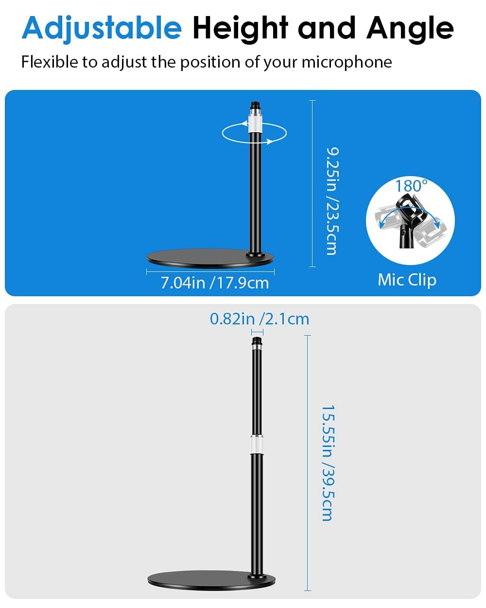 Etour Desk Microphone Stand, Upgraded Adjustable desktop Mic Stand with Mic Clip,5/8" Male Screw for Blue Yeti SM58 SM48 PGA48 AT2020, ATR2100x-USB Samson Q2U Other Microphone