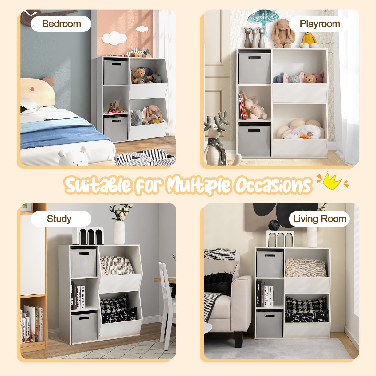 5-Cube Kids Toy Storage Cabinet, Freestanding Children Bookcase w/ 2 Foldable Storage Bins, Open Multi-Purpose Storage Display Organizer for Kids Room, Play Room, Hallway, Nursery
