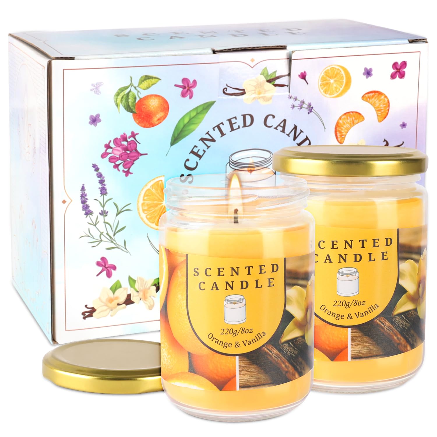 Pack of 2 Orange & Vanilla Odor Elimination Scented Candles Gift Set for Women, Soy Wax Aromatherapy Candles for Home