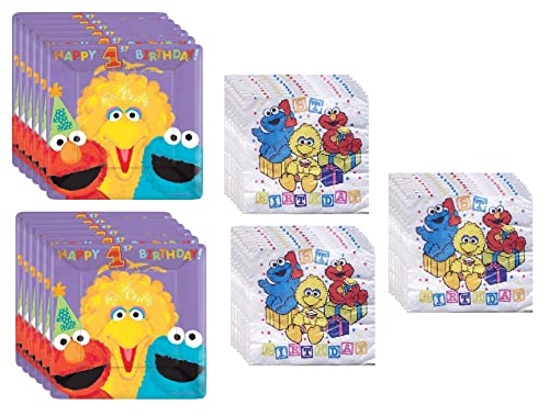 Amscan Sesame Street 1st Birthday Party Supplies Bundle Pack includes 18 Large Lunch Plates and 48 Beverage Cake Napkins (Bundle for 18)