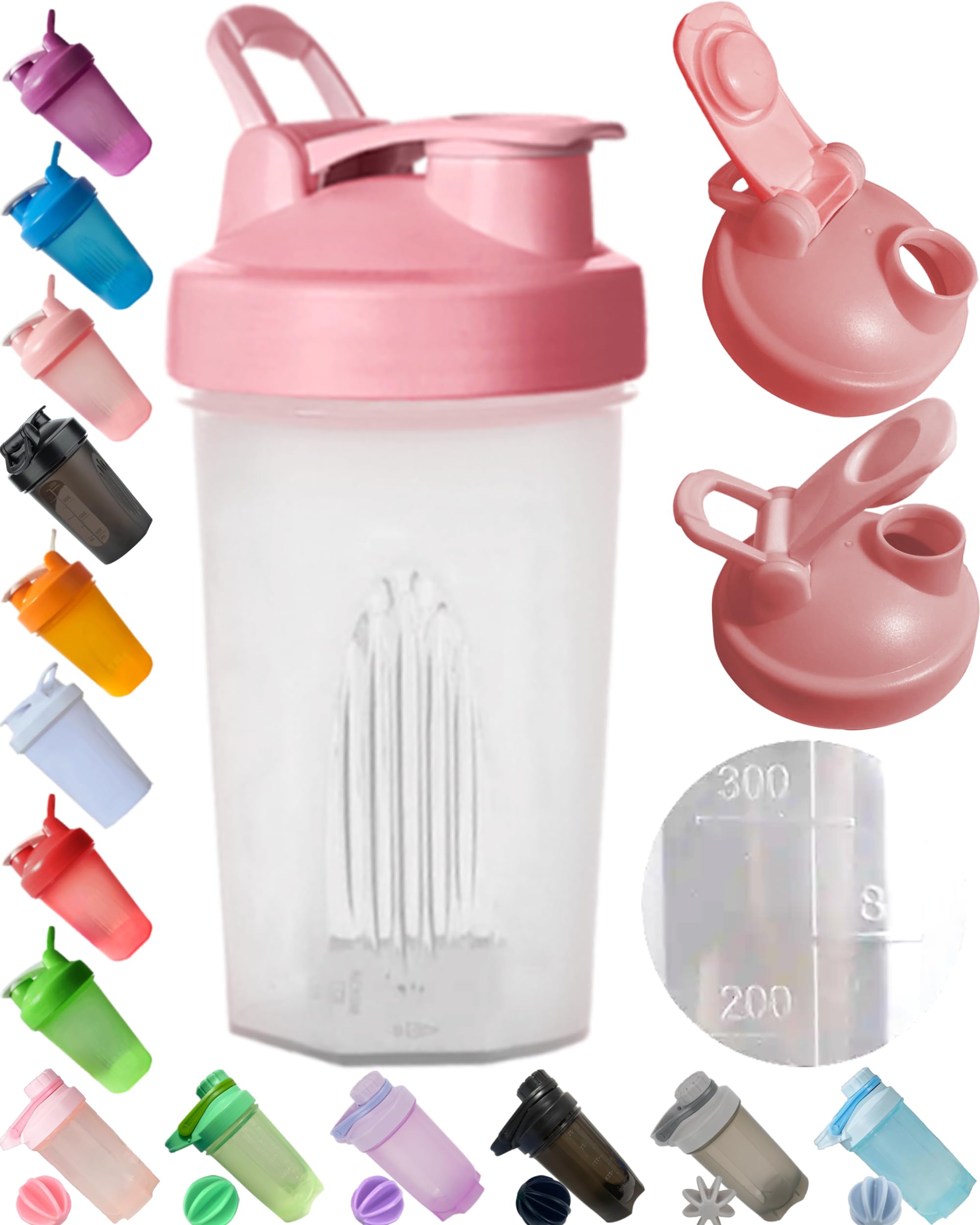 A Small Clear Shaker Bottle w. Pink Lid,12Oz/400ml Measurement Marks & Stainless Whisk Blender Mixer,BPA Free,Made of PP5,-4~248 °F,Perfect for Nutrition/Protein/Keto/Juice Powder Shaking (1YQ5Y)