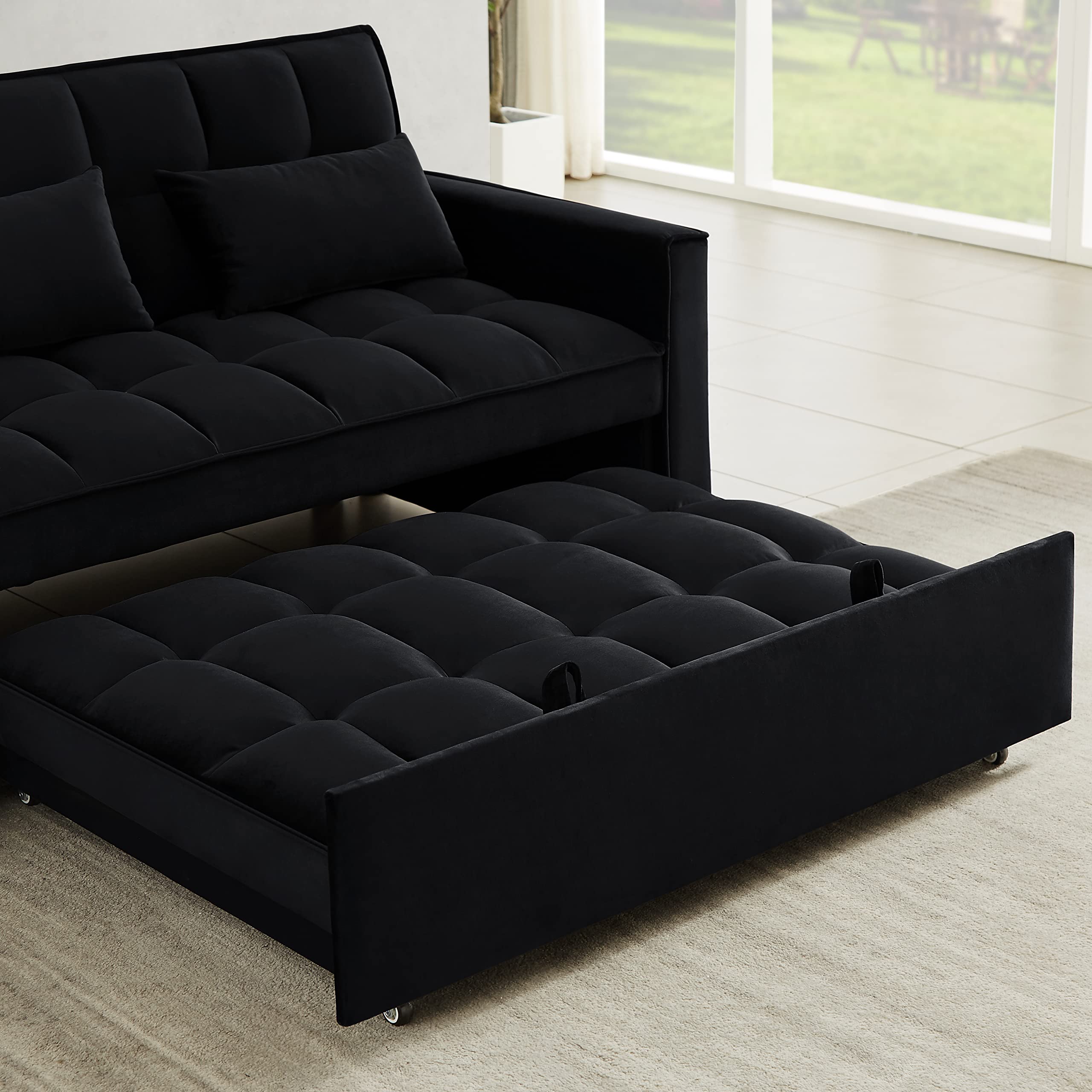 Antetek Convertible Sleeper Sofa Bed, 3 in 1 Velvet Loveseat Futon Sofa Couch with Pullout Bed, Black, 54"