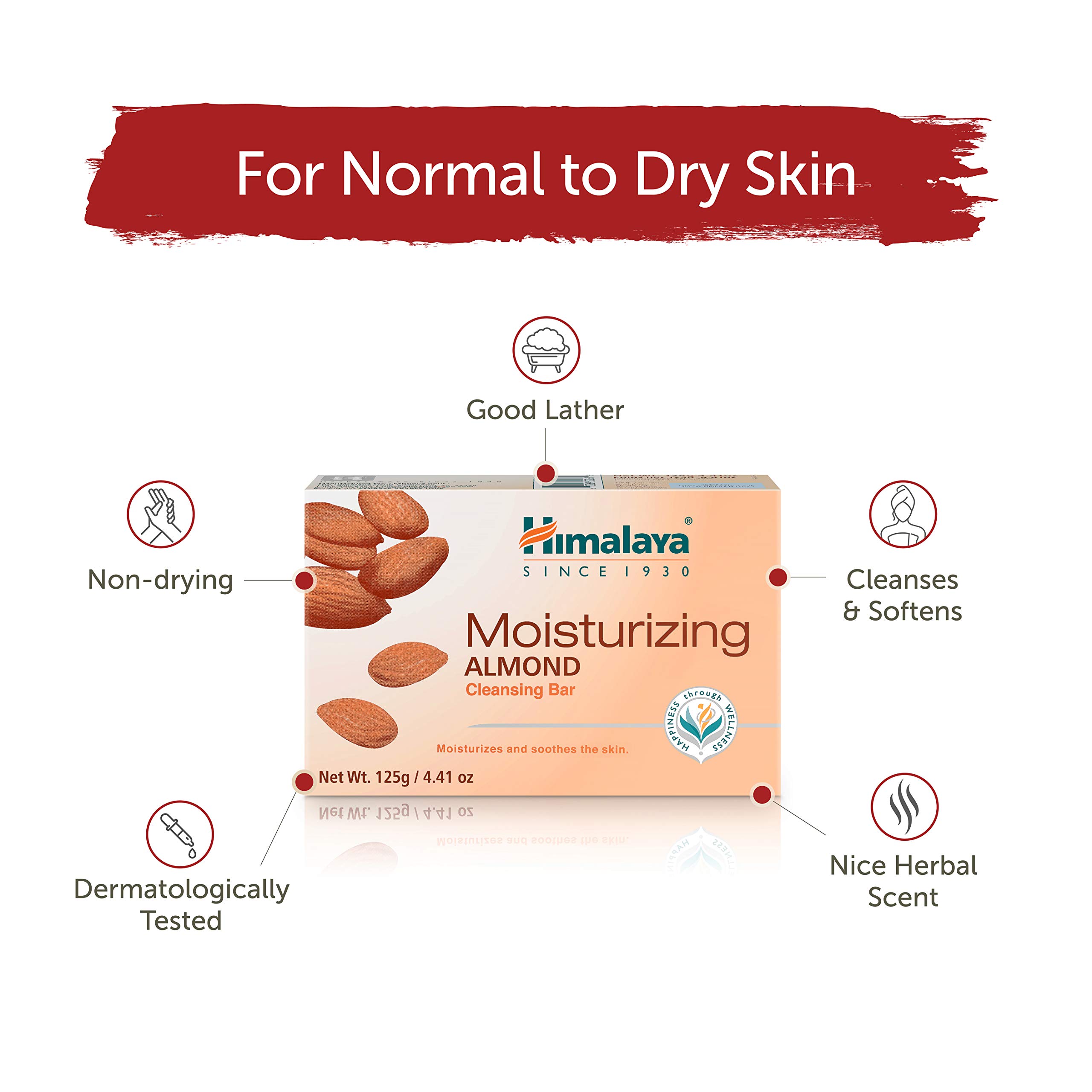 Himalaya Moisturizing Almond Cleansing bar, Body Soap for Soft and Healthy-Looking Skin 4.41 oz/125 g, 6 Pack